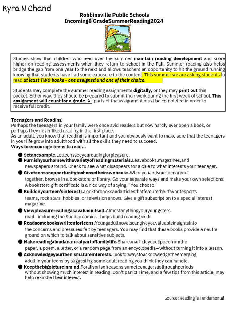 8th Grade Summer Reading 2024 PDF | PDF
