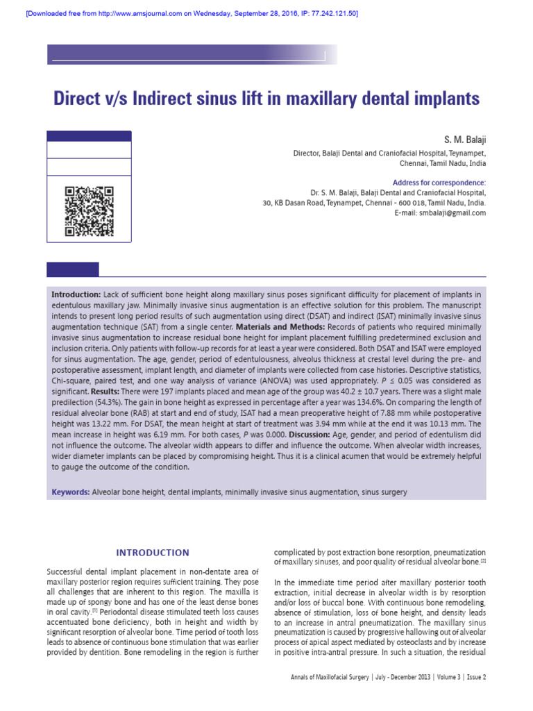 Direct Vs Indirect Sinus Lift in Maxillary Dental | PDF