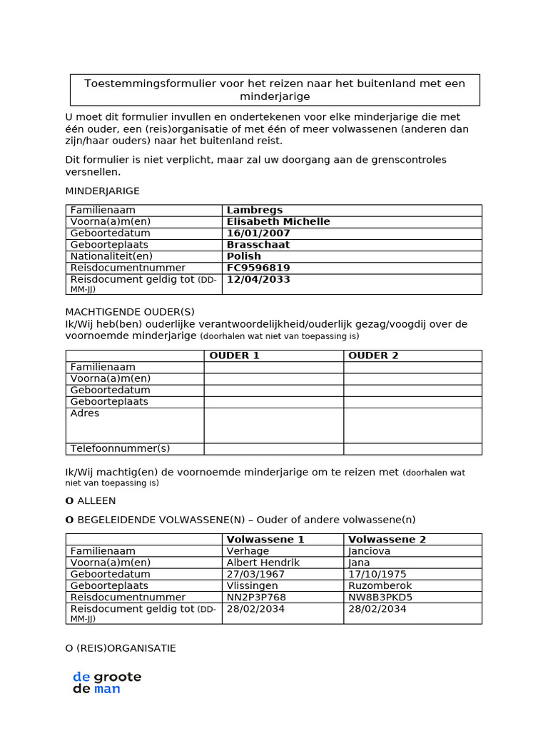 Toestemmingsformulier Reizen Minderjarige de Groote de Man | PDF