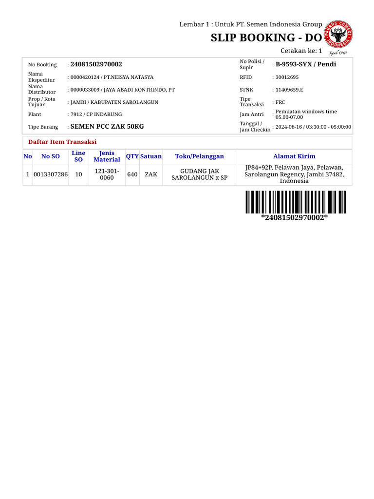 Slip Booking - Do: 24081502970002 B-9593-SYX / Pendi | PDF