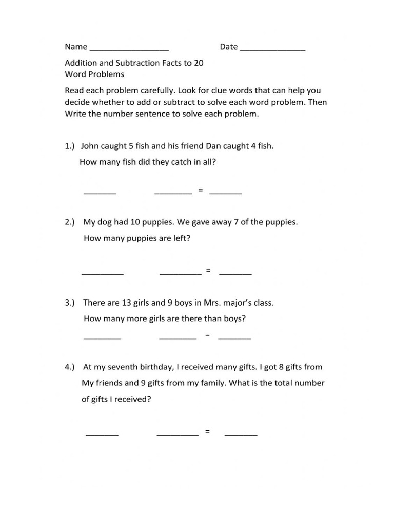 Addition and Subtraction Facts To 20 Word Problems (Printed) | PDF