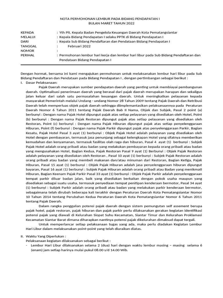 NOTA PERMOHONAN LEMBUR SEKSI PENDAFTARAN Maret 2022 | PDF | Pengelolaan ...