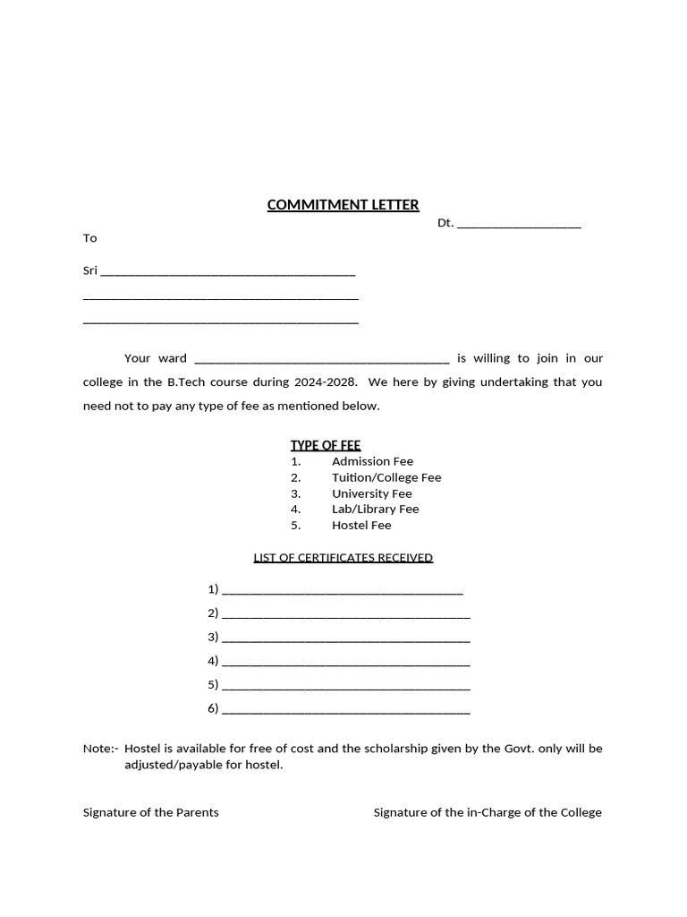 Commitment Letter for B.Tech Admission | PDF