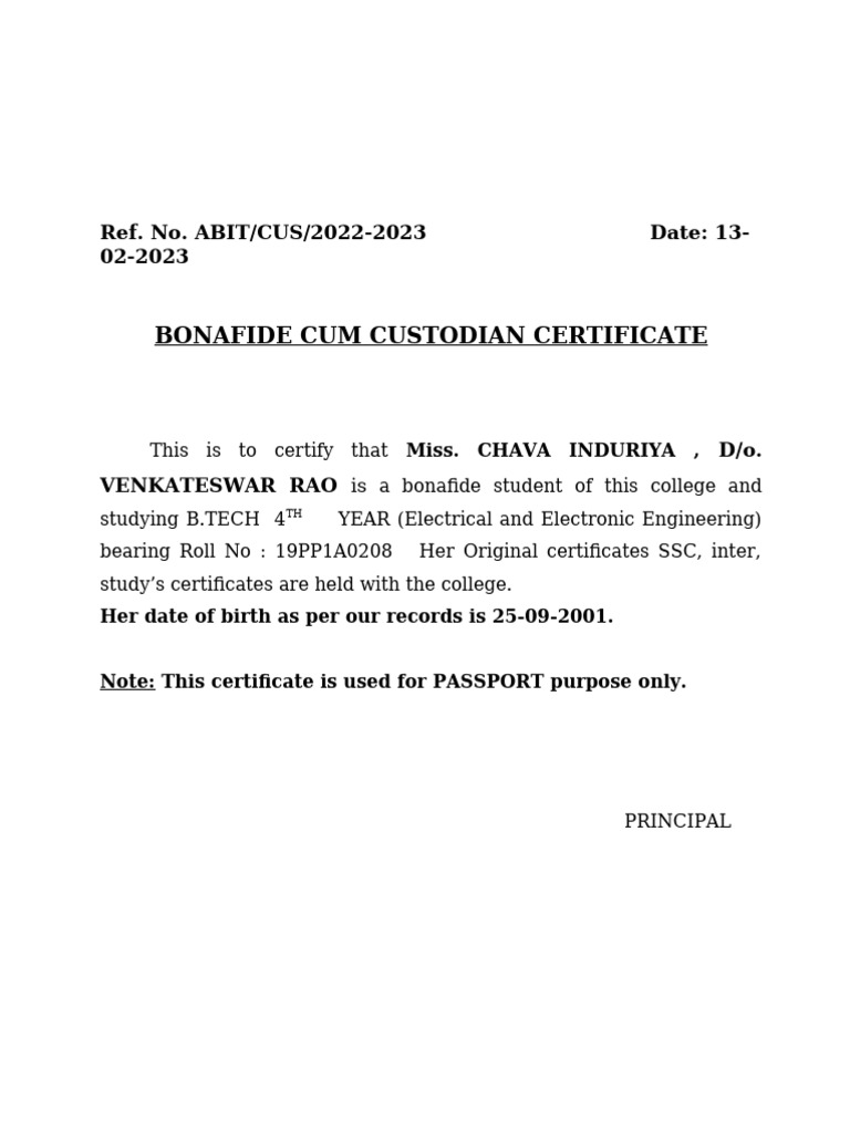 Custodian Certificate For Pass port-B.Tech | PDF