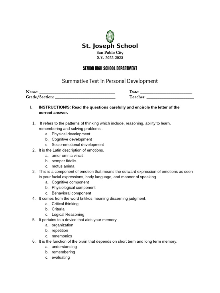 Summative Test Personal Development | PDF | Emotions | Reason