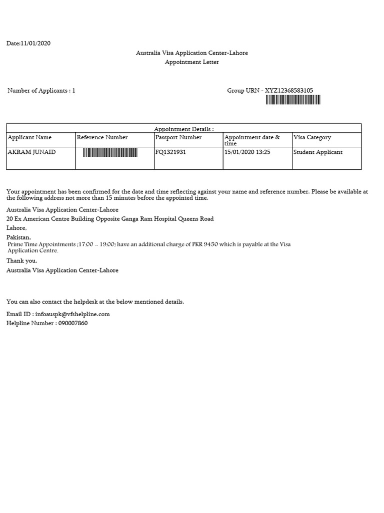 VFS Appointment Letter Xyz12368583105 | PDF
