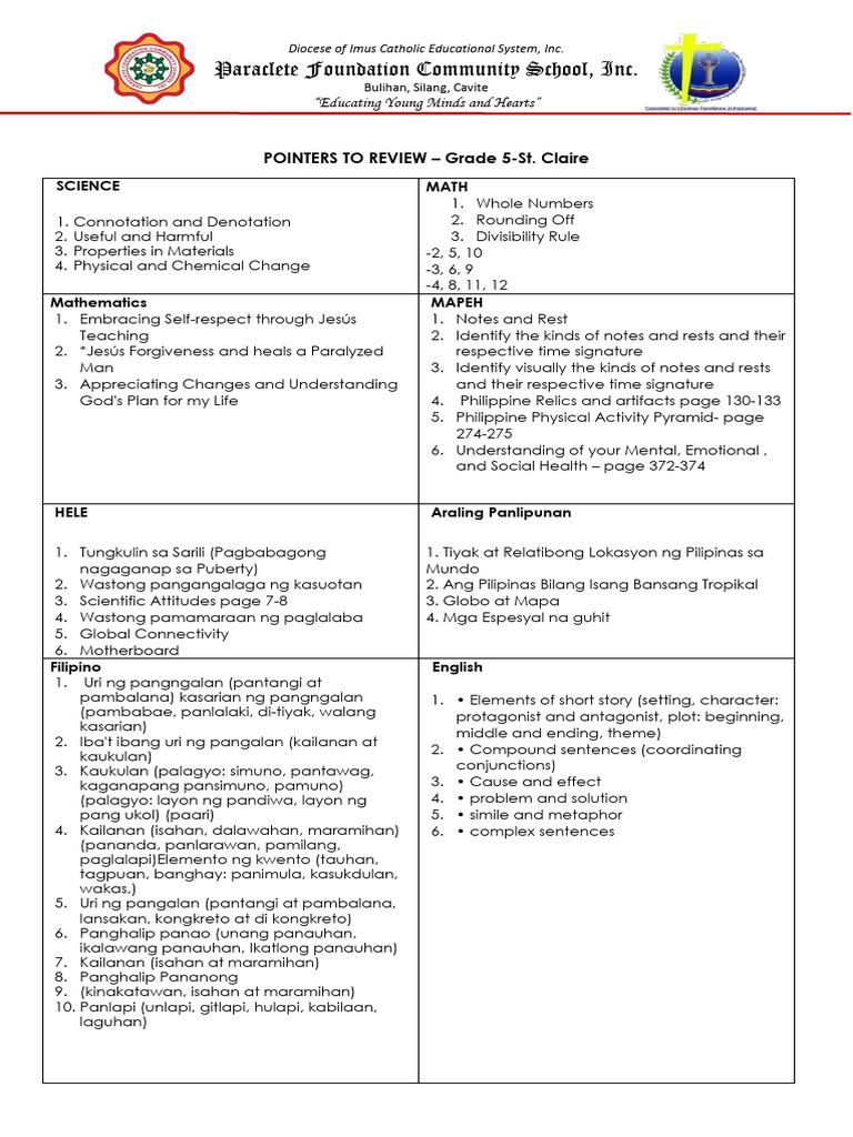 Pointers To Review Grade 5 St. | PDF