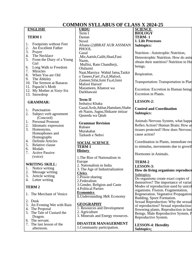 Updated Class X Syllabus Pdf