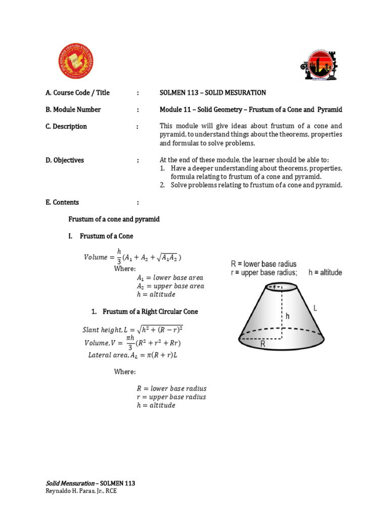 MODULE 11 Solid Geometry Frustum of A Cone and Pyramid | PDF ...