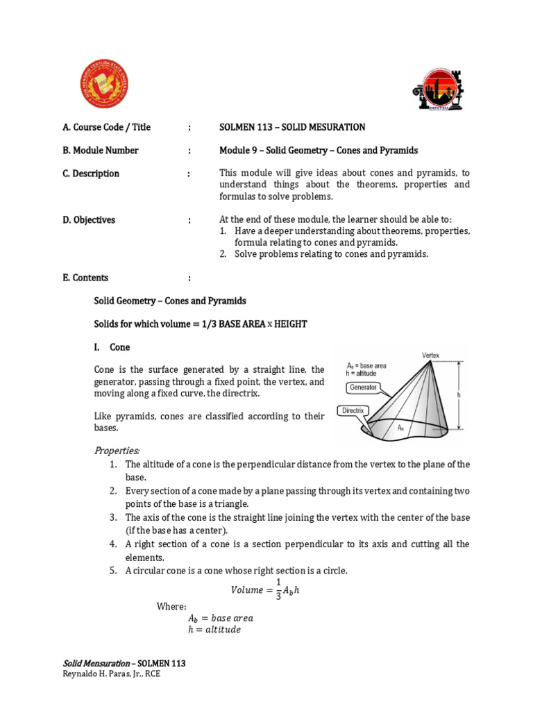 MODULE 9 Solid Geometry Cones and Pyramids | PDF | Triangle | Teaching Methods & Materials