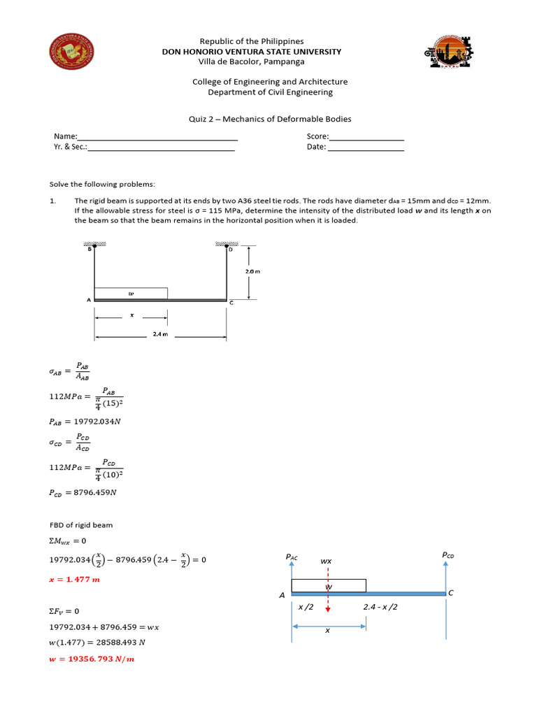 Quiz - Simple Strain - D-Solution | PDF | Stress (Mechanics) | Beam ...