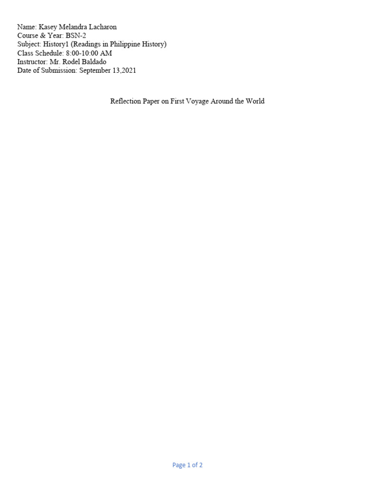 Reflection Paper On First Voyage Around The World PDF Free | PDF