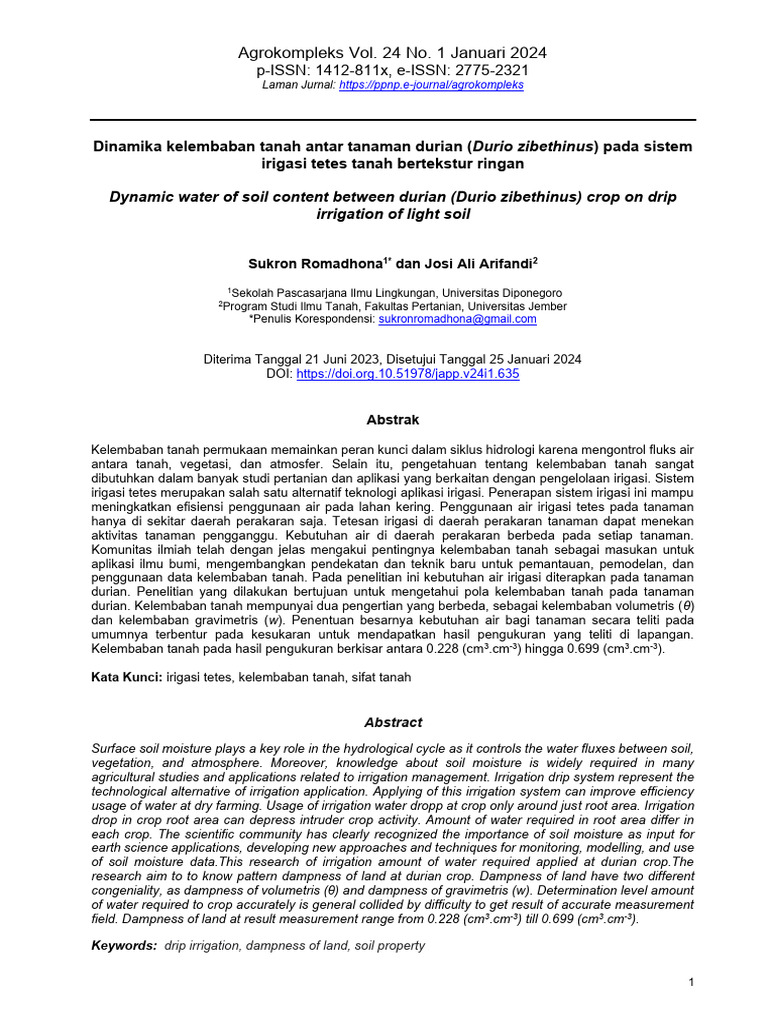 Dinamika Kelembaban Tanah Antar Tanaman Durian (Durio Zibethinus) Pada ...