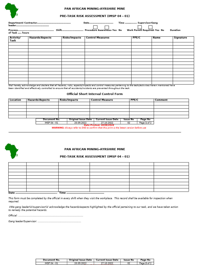 Pretask Risk Assessment Final 27-10 - 2022 | PDF | Risk | Safety