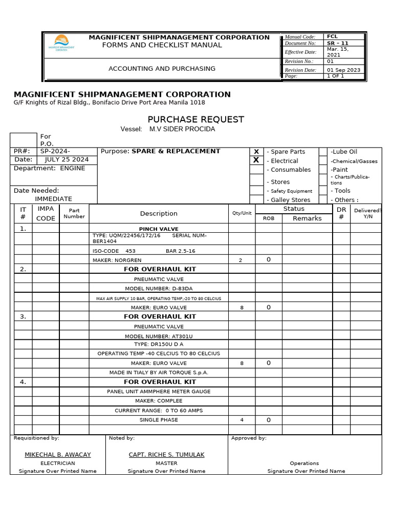 Purchase Request - Spare Parts | PDF
