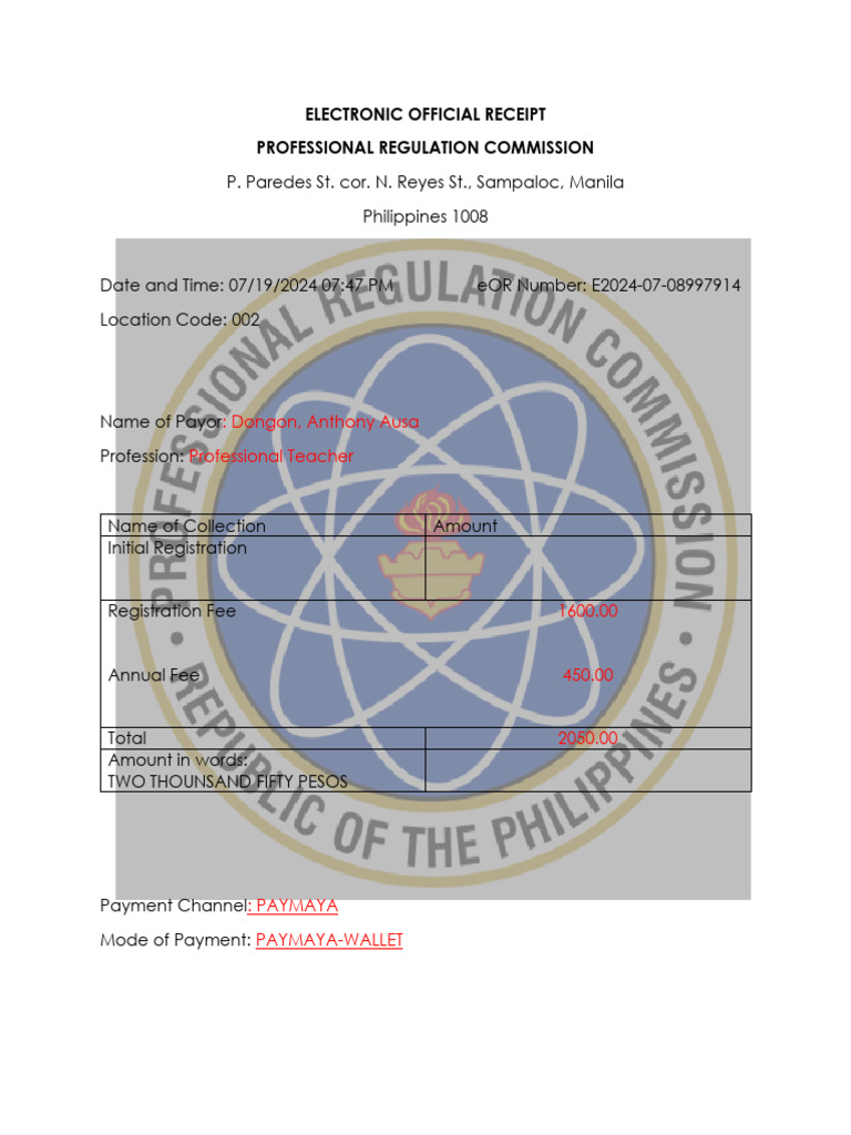ELECTRONIC OFFICIAL RECEIPT PRC | PDF