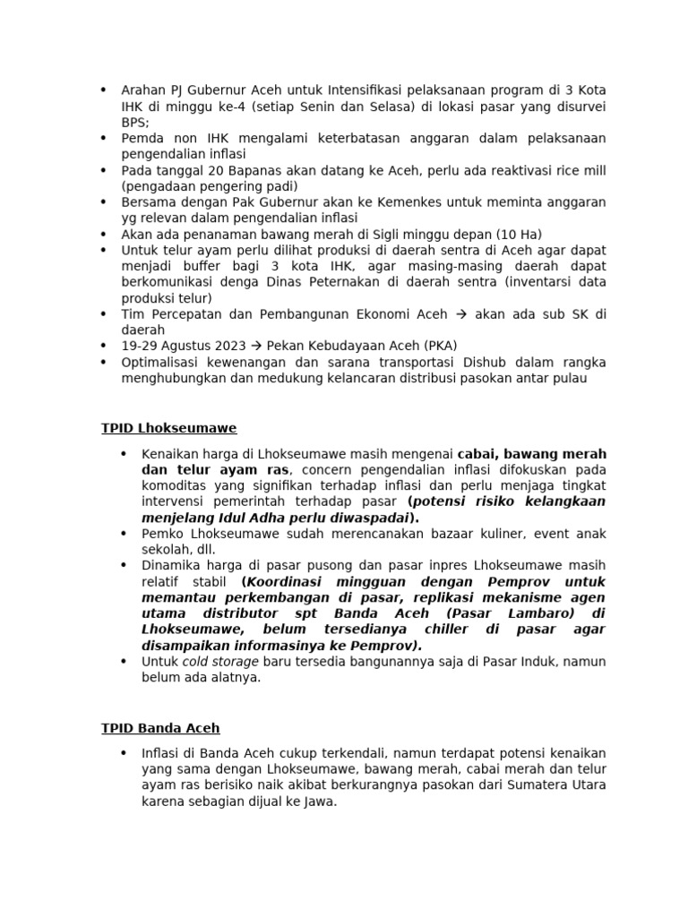 TPID Lhokseumawe Dan Telur Ayam Ras, Concern Pengendalian Inflasi Difokuskan Pada | PDF
