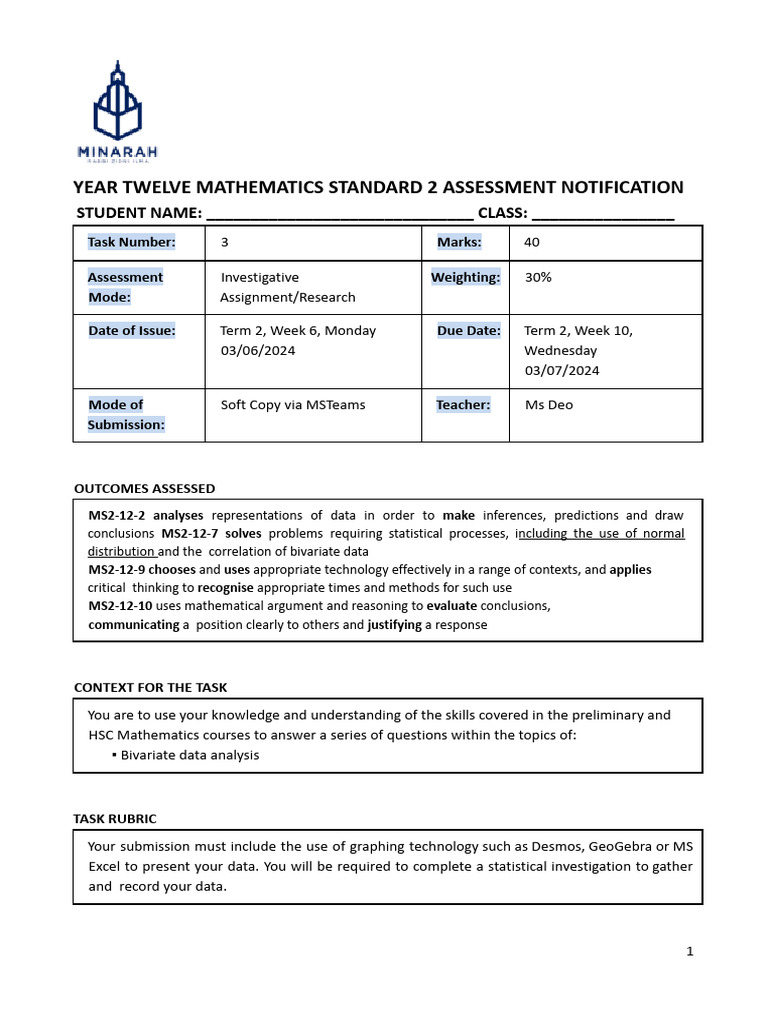 Mathematics Standard 2 Assessment Notification 3 | PDF