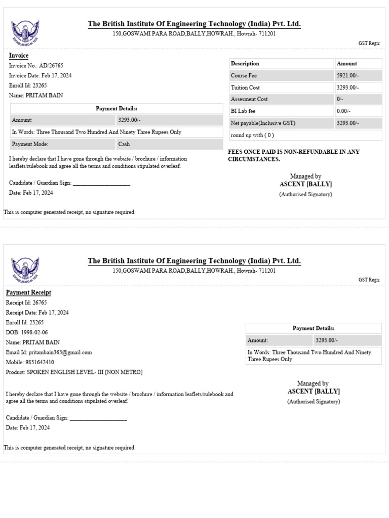 Pritam Bain - Receipt26765 | PDF