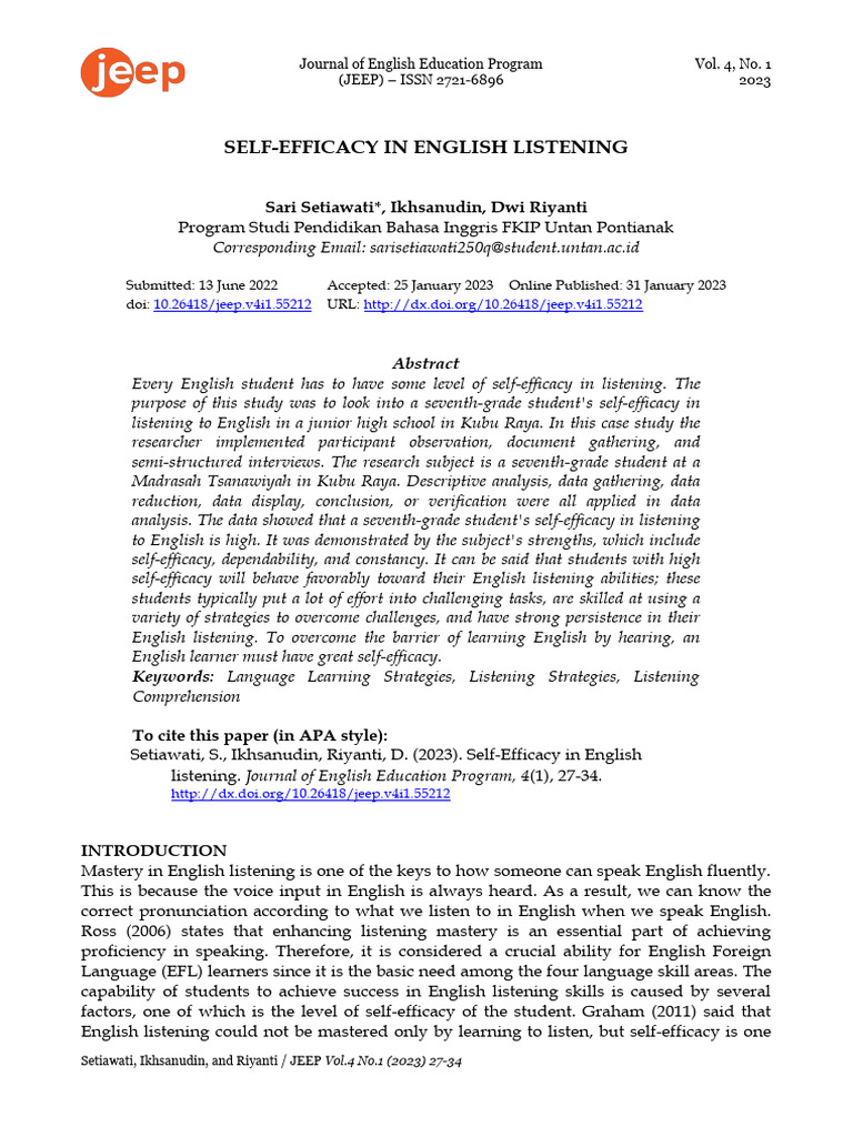 Self Efficacy In English Listening Pdf