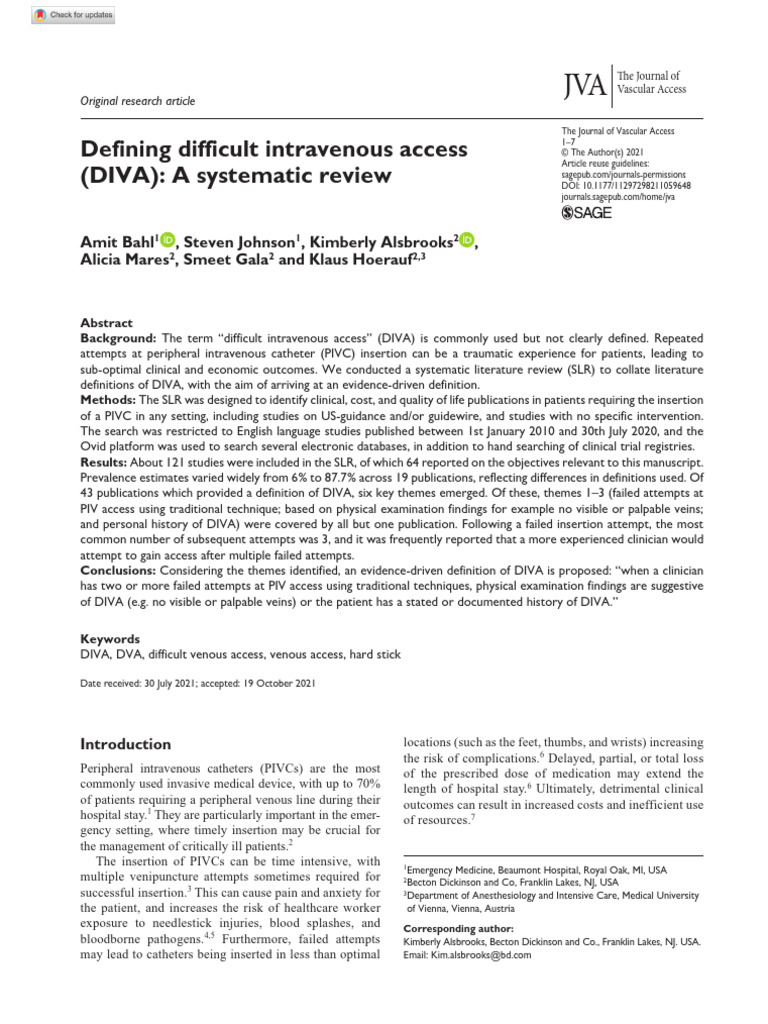 11 - Defining Difficult Intravenous Access DIVA A Systematic Review | PDF