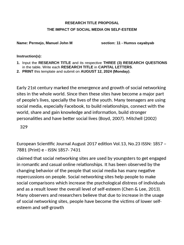Humss Research - Title Proposal-2 | PDF | Self Esteem | Social ...