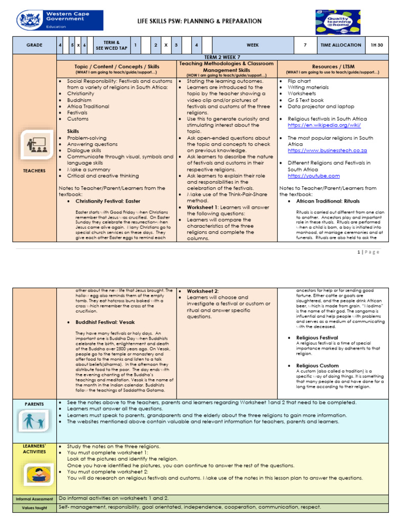 Lesson Plan Gr. 5 Life Skills PSW T2 W7 | PDF | Lesson Plan | Easter