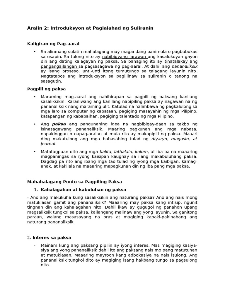 Introduksyon at Paglalahad NG Suliranin | PDF