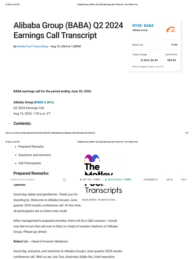 Alibaba Group (BABA) Q2 2024 Earnings Call Transcript - The Motley Fool ...