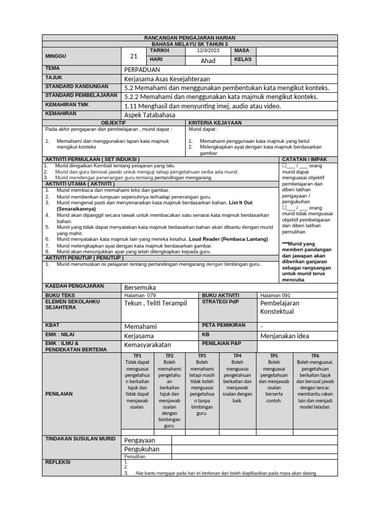 RPH Minggu 21 BM SK THN 3 2024 by Cikgu Gorgeous-1 | PDF