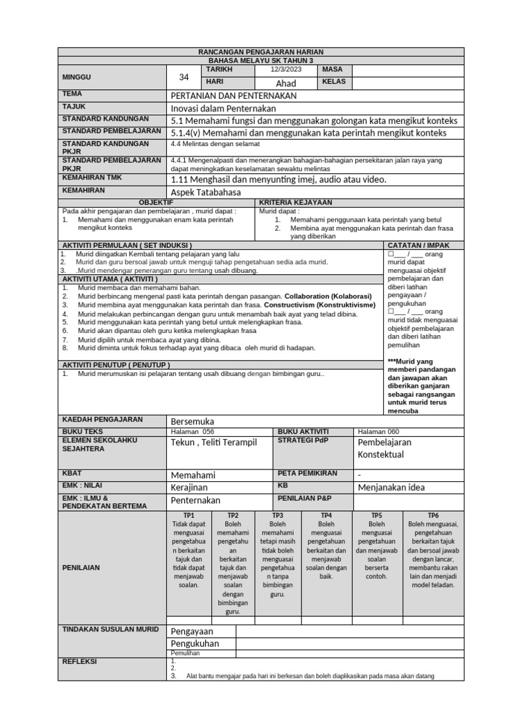RPH Minggu 34 BM SK THN 3 2024 by Cikgu Gorgeous-1 | PDF