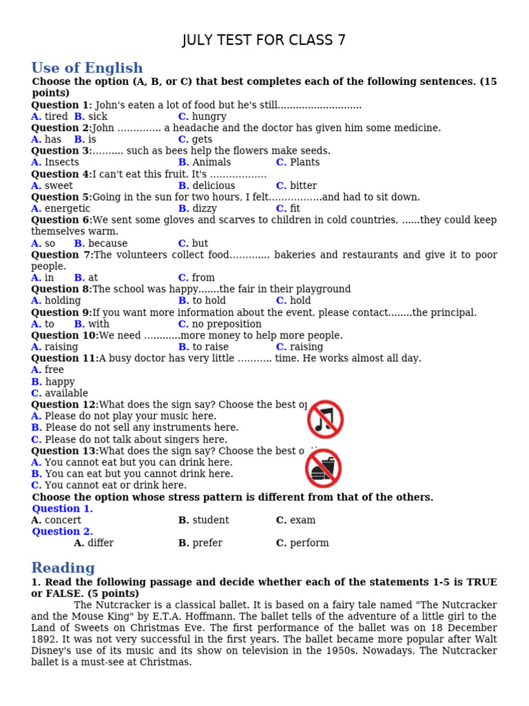 July Test For Class 7 | PDF