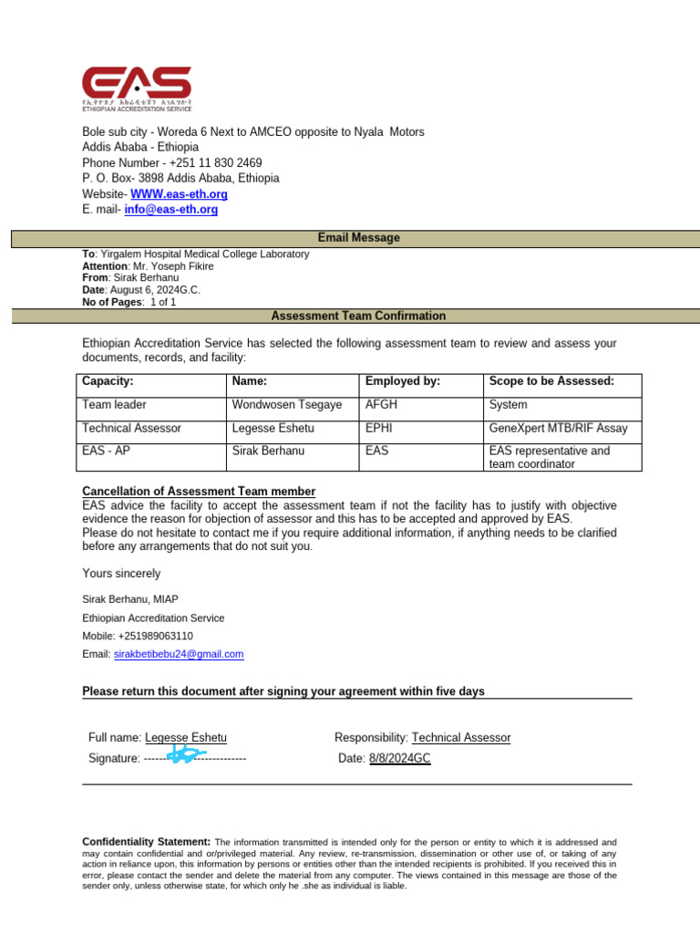 Assessment Team Confirmation For YGHLL-Legesse | PDF