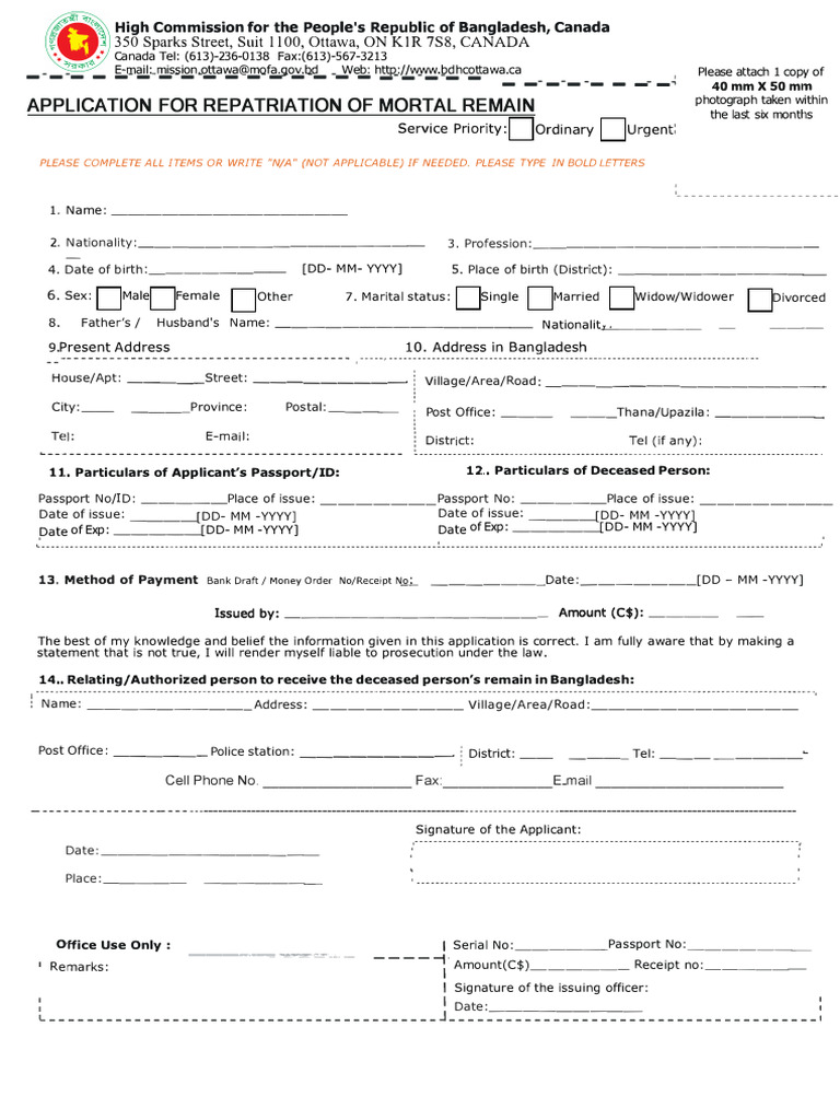 Application For Repatriation of Mortal Remain: 350 Sparks Street, Suit ...