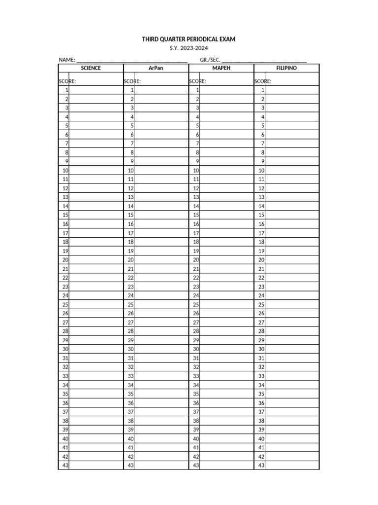 Answer Sheets Gr.5 - Quarterly Examination | PDF