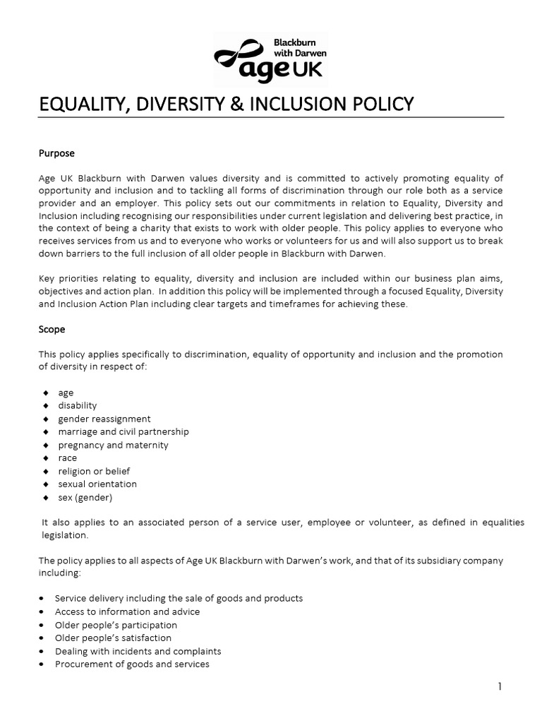 Equality Diversity Inclusion Policy | PDF | Social Equality | Career ...