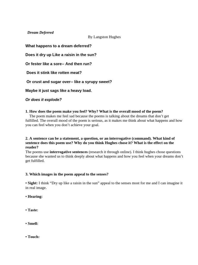 Raisin in The Sun Intro Activity Poem | PDF