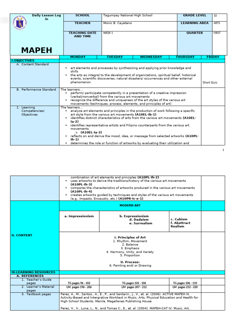 Grade 10 MAPEH Arts Lesson Plan | PDF | Impressionism | Abstract Art