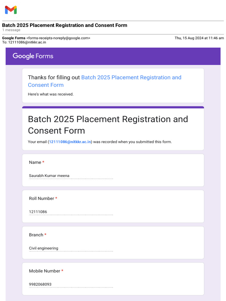 Batch 2025 Placement Registration and Consent Form: Thanks For Filling ...