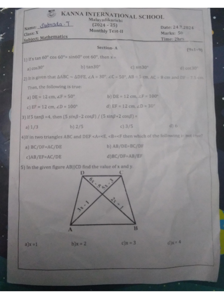 MONTHLY TEST-ll MATHS QUESTION PAPER | PDF