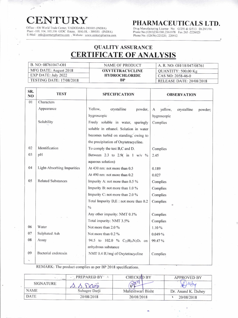 Oxy HCL BP - COA | PDF