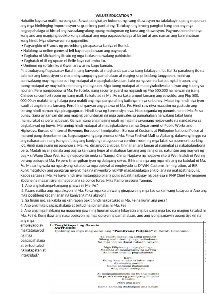 Values Education 7 Gawain | PDF | Philippines