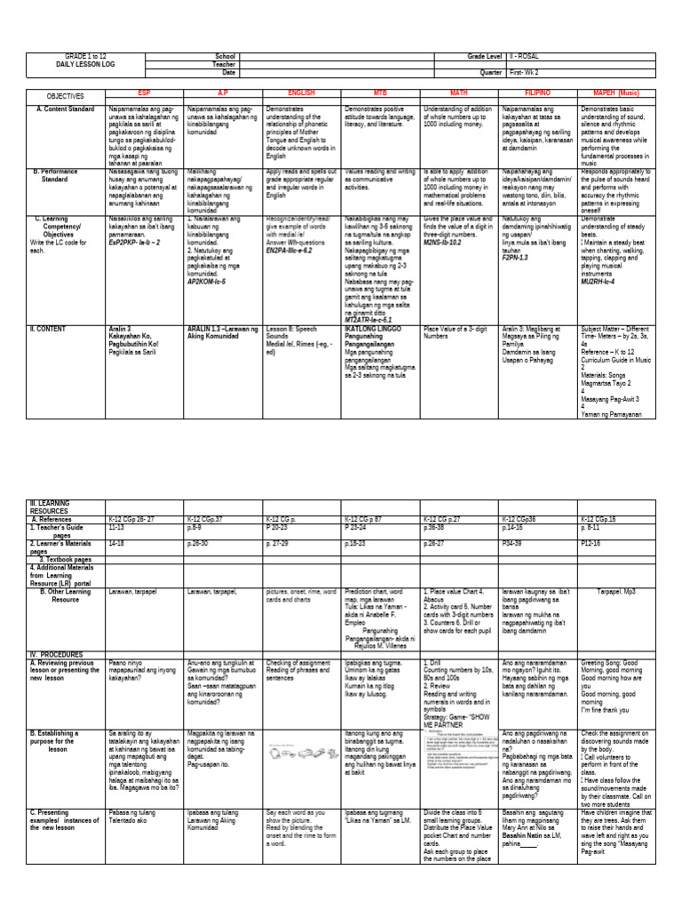G2 DLL Q1 Week 3 All Subjects Day 1 | PDF
