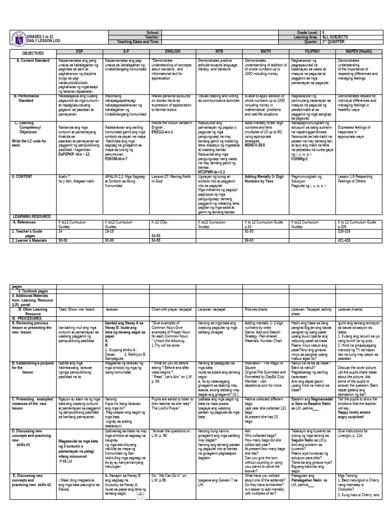 DLL - All Subjects 2 - Q1 - W7 - D4 | PDF