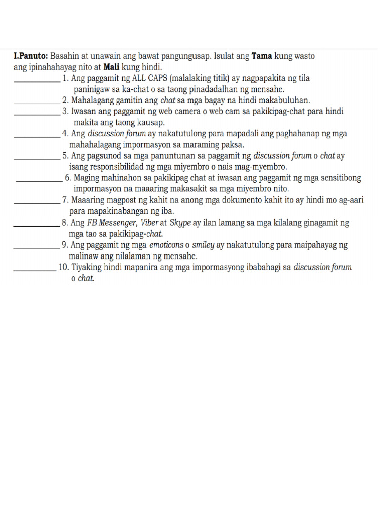 Epp 5 Panunutunan Sa Pagsali Sa Forum o Chat Worksheet | PDF