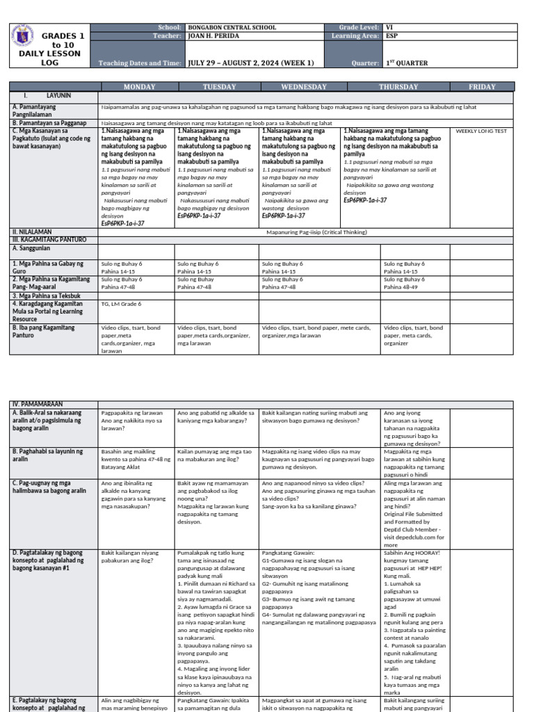 DLL - Esp 6 - Q1 - W1 | PDF