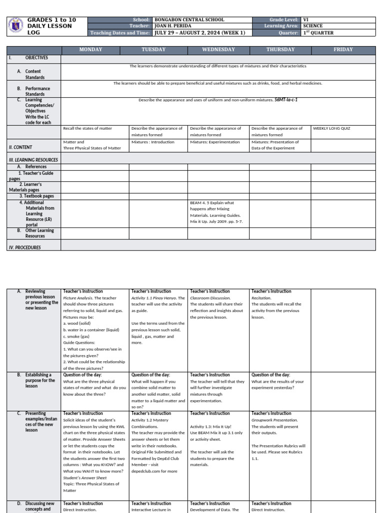 DLL - Science 6 - Q1 - W1 | PDF
