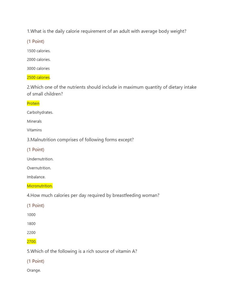 Nutrition Sample Questions With Answer | PDF
