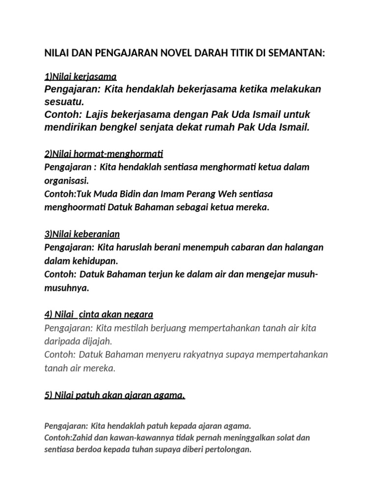 Nilai Dan Pengajaran Novel Darah Titik Di Semantan | PDF