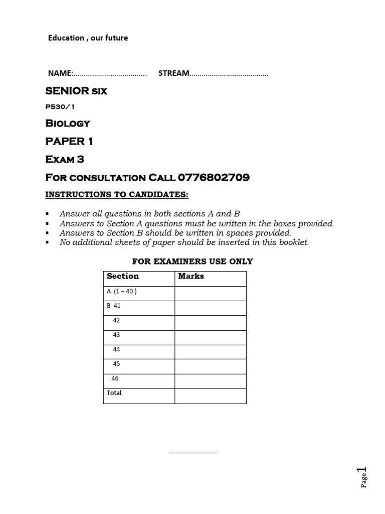 S6 Biology Paper 1 Set 3 | PDF